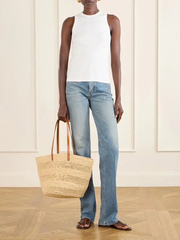 Saint Laurent Raffia Tote With Leather Trim