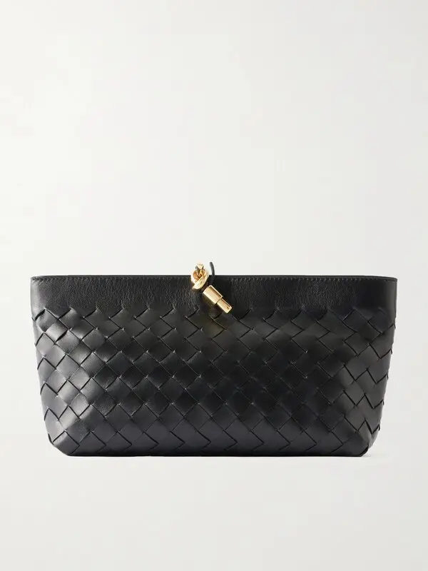 Bottega Veneta Andiamo Intrecciato Leather Boat Pouch - Black