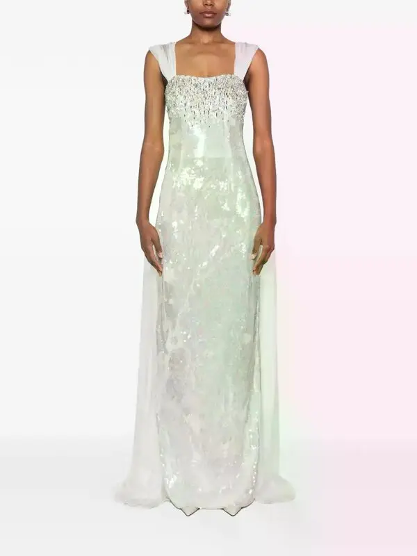 DINA MELWANI Crystal Embellished Sequinned Maxi Gown - White