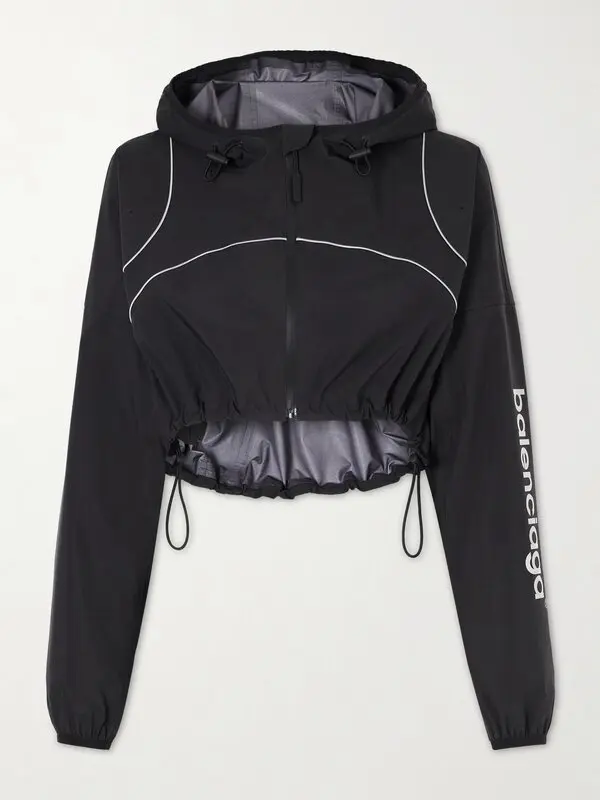 Balenciaga Cropped Hooded Shell Jacket With White Piping - Black