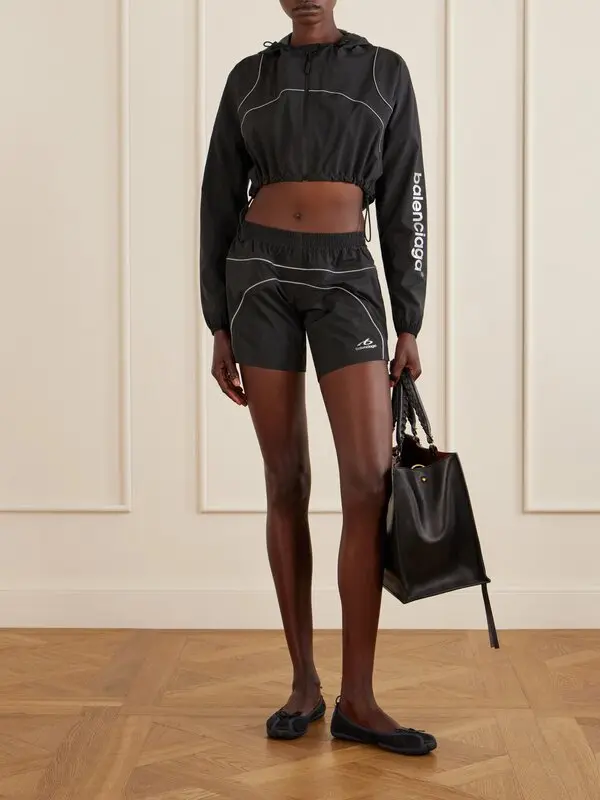 Balenciaga Cropped Hooded Shell Jacket With White Piping - Black
