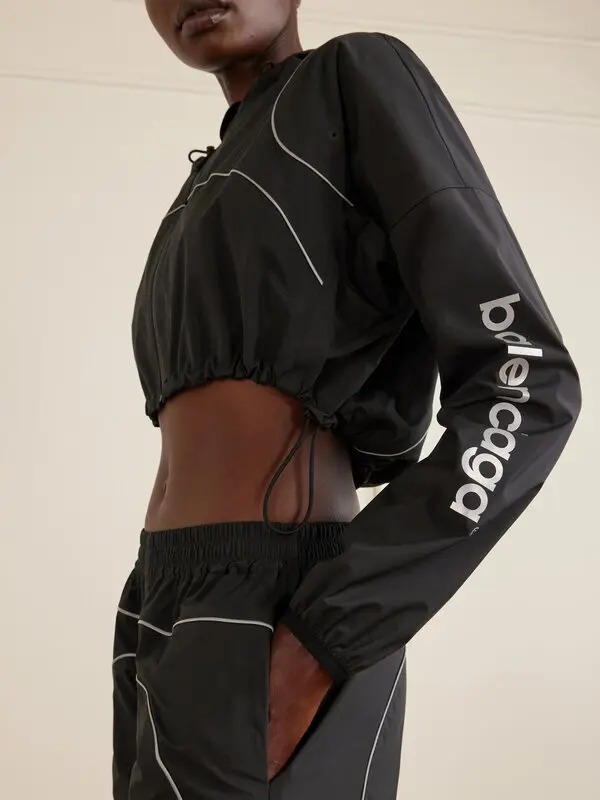 Balenciaga Cropped Hooded Shell Jacket With White Piping - Black