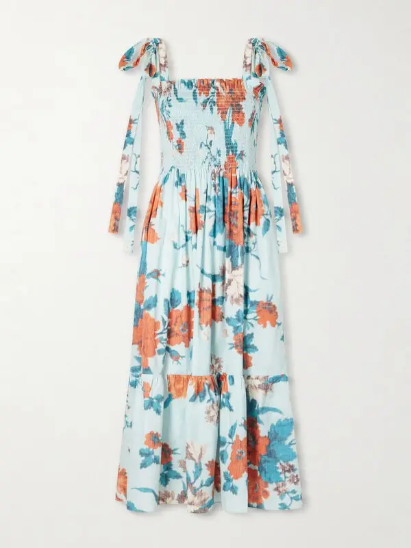 Erdem Shirred Floral Print Cotton Midi Dress - Blue