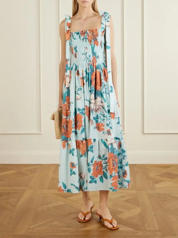 Erdem Shirred Floral Print Cotton Midi Dress - Blue