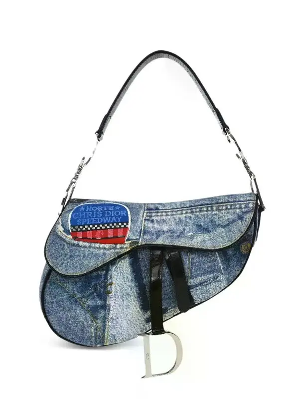 Dior 2001 Denim-print Saddle Handbag - Blue