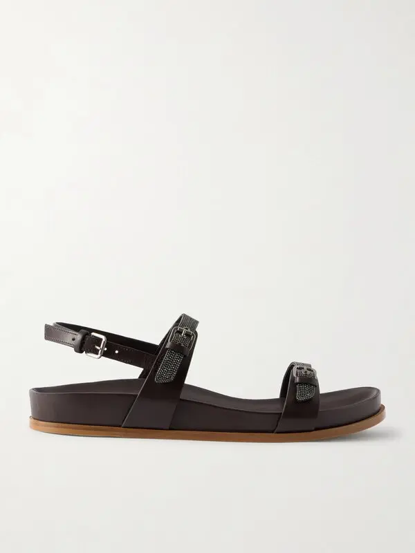 Brunello Cucinelli Embellished Leather Sandals - Brown