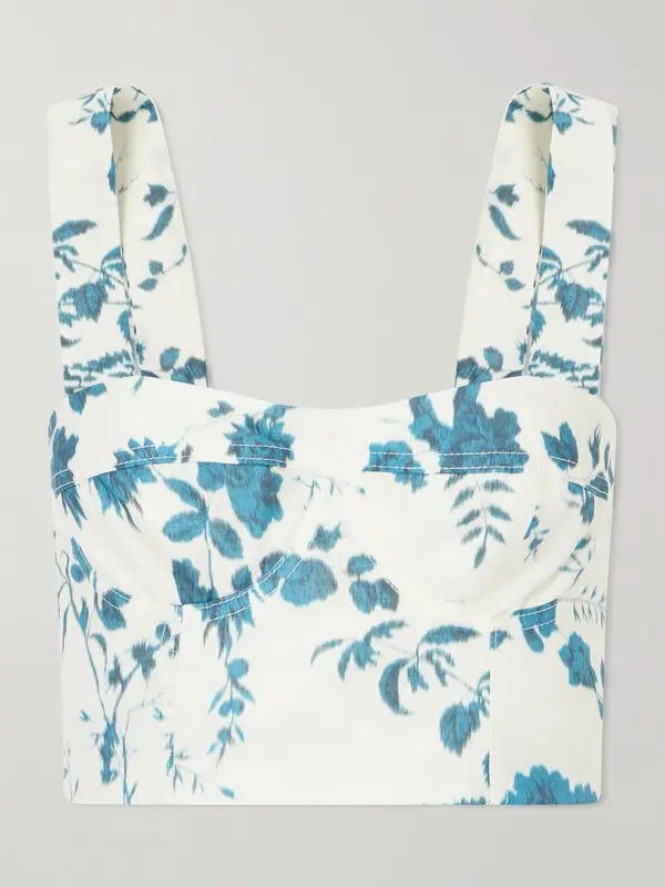 Erdem Floral-print Cotton And Linen-blend Bustier Crop Top - White