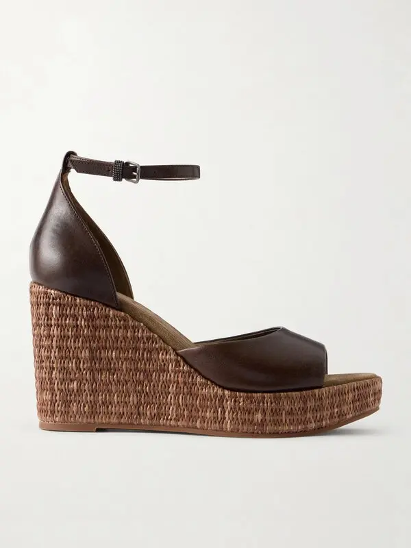 Brunello Cucinelli Embellished Leather Platform Wedge Espadrille Sandals - Brown