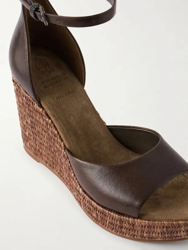 Brunello Cucinelli Embellished Leather Platform Wedge Espadrille Sandals