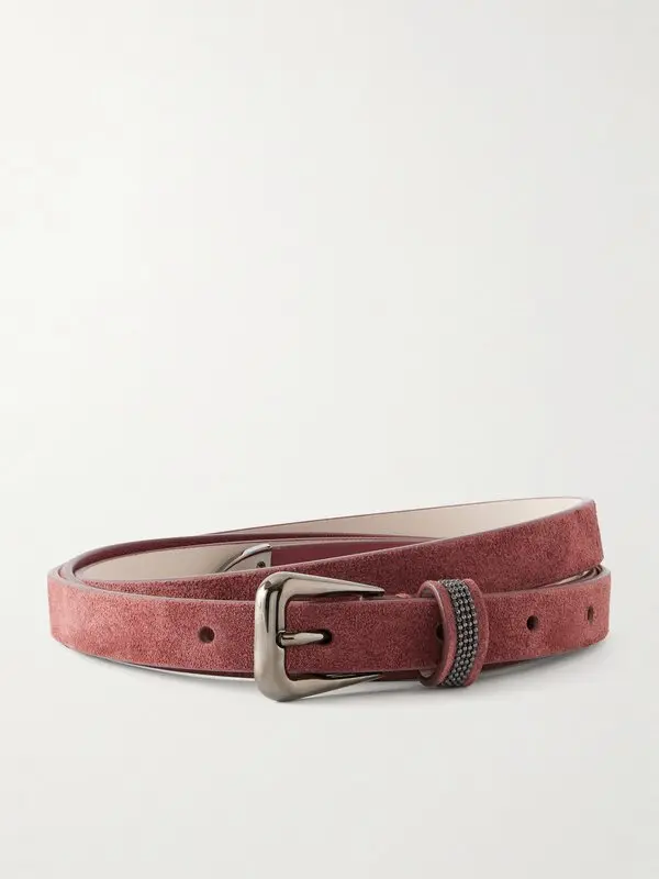 Brunello Cucinelli Embellished Suede Skinny Belt - Burgundy