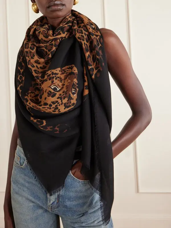 Saint Laurent Etolel-leopard Frayed Printed Wool-twill Scarf