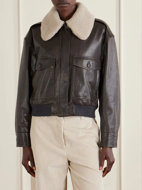 Brunello Cucinelli Shearling-trimmed Leather Bomber Jacket - Brown