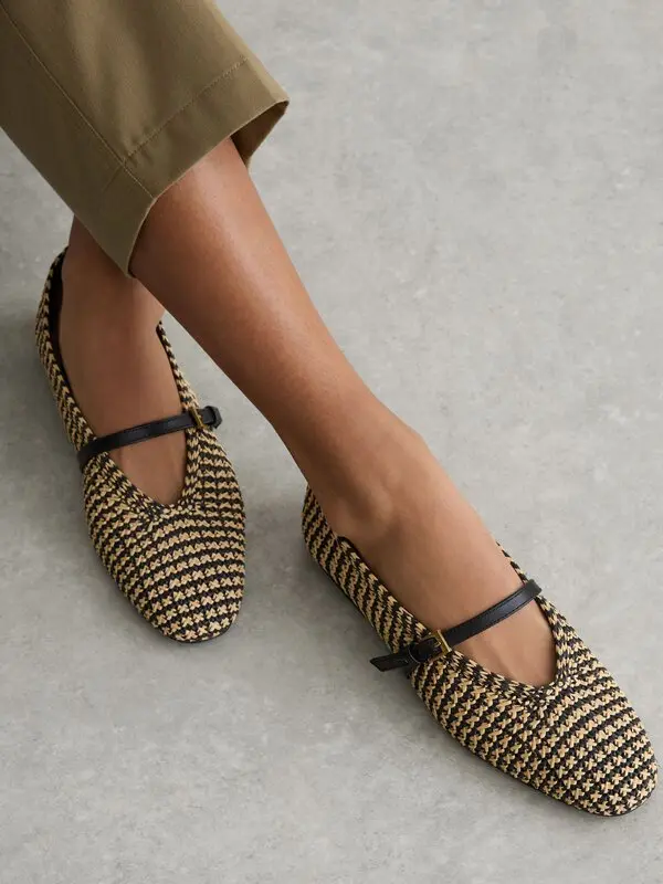 REISS Davina Raffia-effect Stripe Ballet Flats - Natural/black