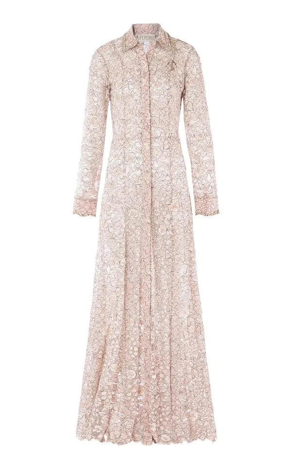 LA FUORI Lace Embellished Maxi Shirt Dress - Pink