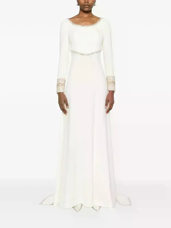 DINA MELWANI Crystal Embellished Cape Sleeve Maxi Gown - Neutrals