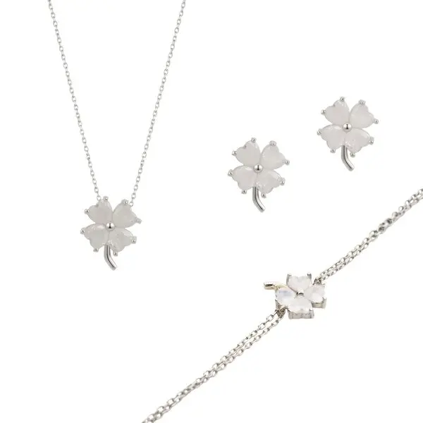 SPERO LONDON Sterling Four-leaf Clover Stud Earrings, Necklace, And Bracelet Set - Silver