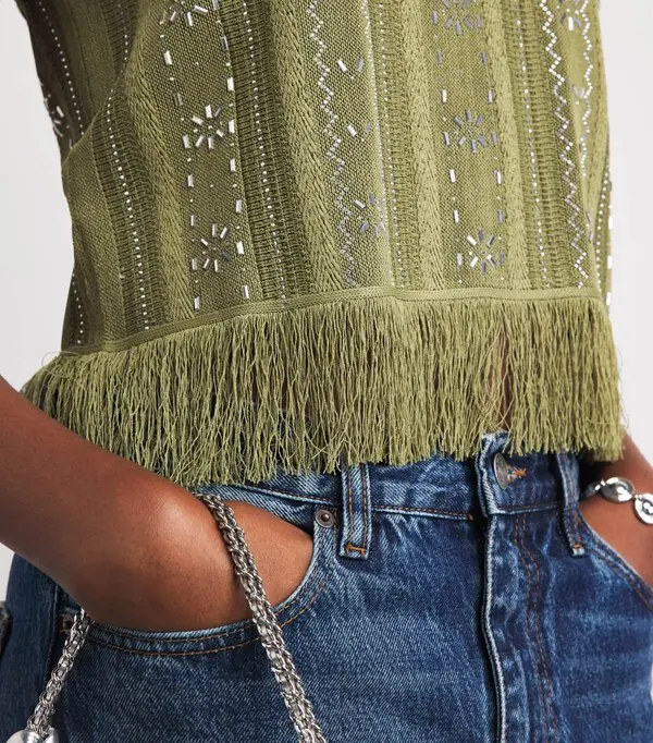 Maje Beaded Fringed Knit Tank Top