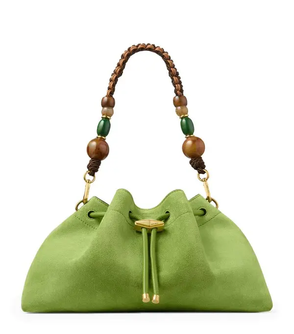 JIMMY CHOO Medium Suede Beaded Bucket Bag - Green