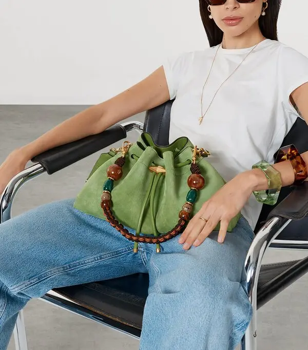 JIMMY CHOO Medium Suede Beaded Bucket Bag - Green