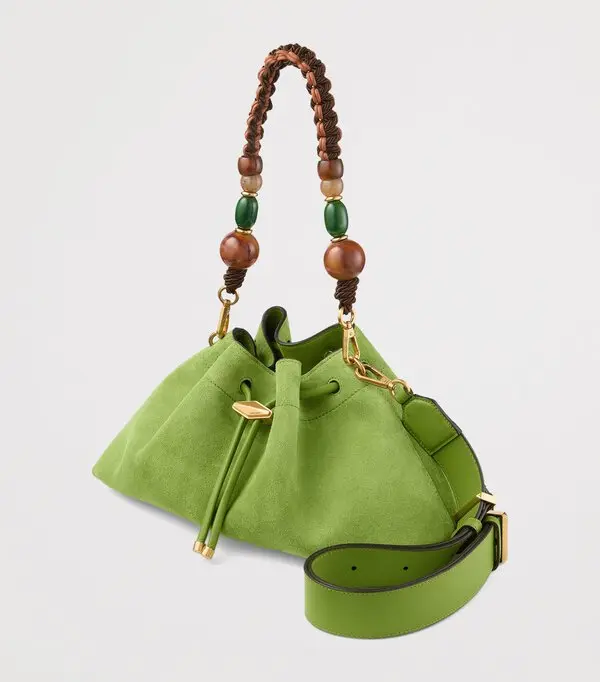 JIMMY CHOO Medium Suede Beaded Bucket Bag - Green