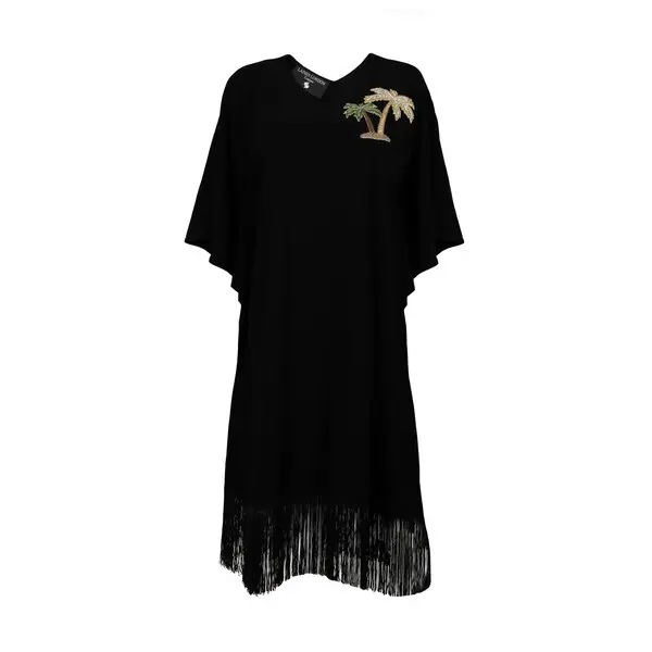 LAINES LONDON Couture Fringed Tassel Kaftan With Embellished Palm Tree - Black