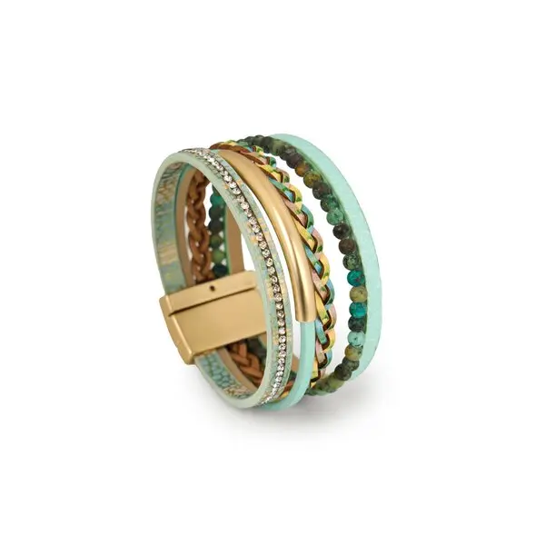 Saachi Layered Bracelet With Stone And Textured Bands - Blue