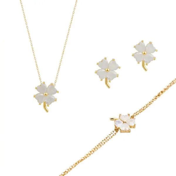 SPERO LONDON Sterling Silver Four Leaf Clover Necklace, Bracelet, And Stud Earring Set - Gold
