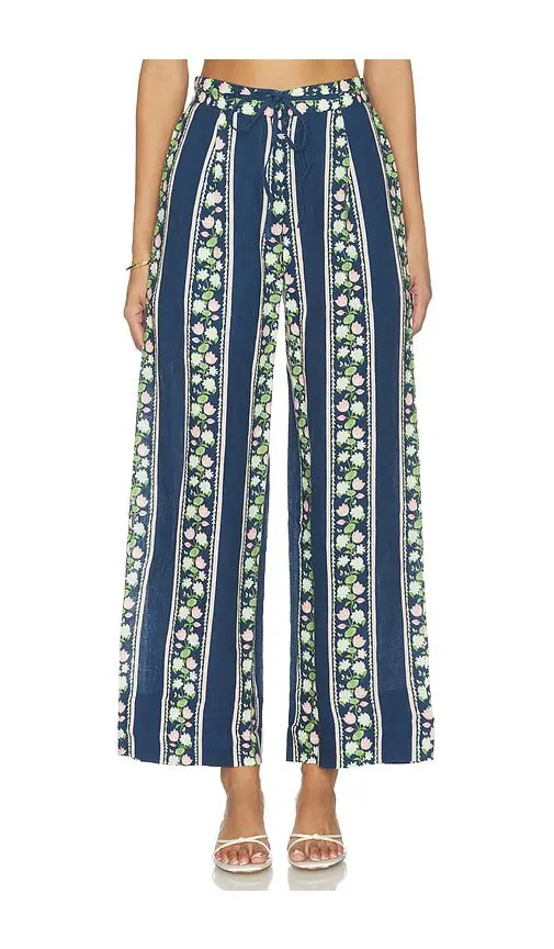 Verandah Navy Linen Lounge Pants - Navy Blue Multi Floral Border Print