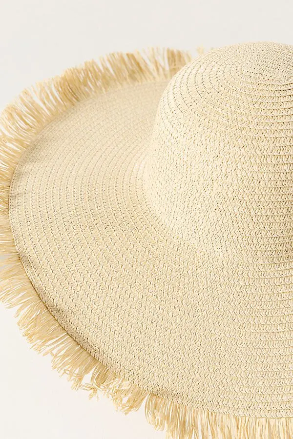 LUCKY ZONE Wide Brim Sun Hat With Frayed Edge - Neutral