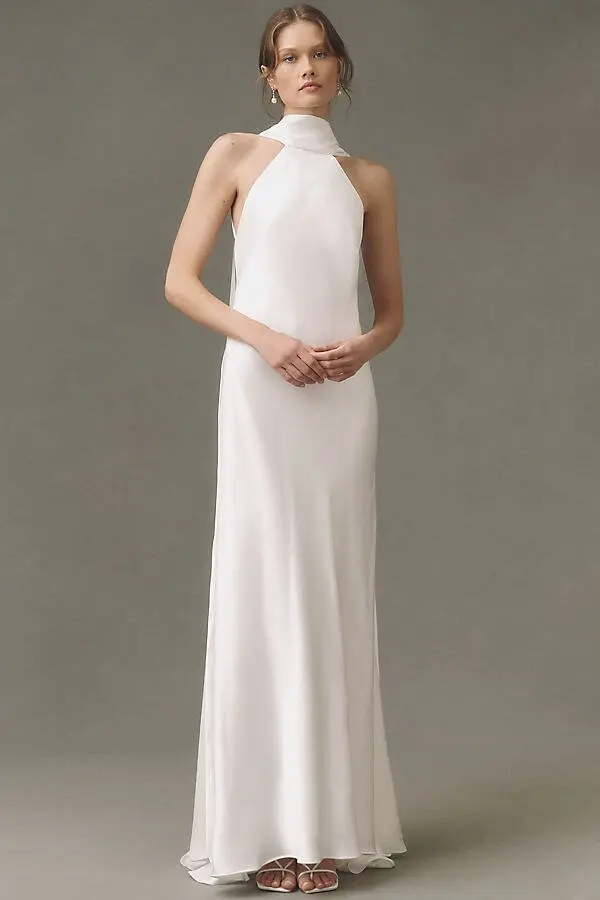 Jenny Yoo Halter-neck Maxi Dress In Satin - Ivory