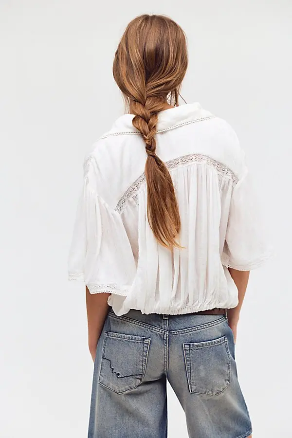 Free People Button-front Cropped Blouse With Lace Trim And Drawstring Waist - Clean Ivory