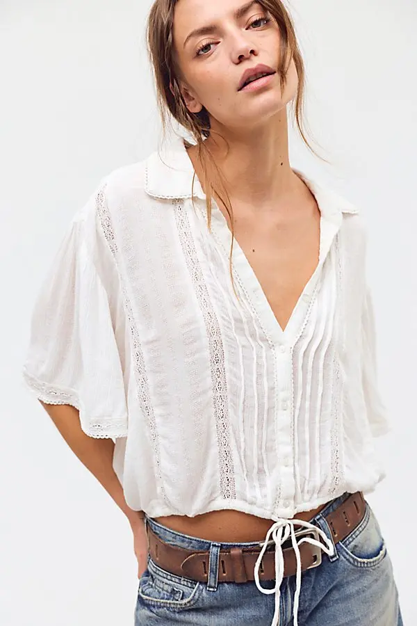 Free People Button-front Cropped Blouse With Lace Trim And Drawstring Waist - Clean Ivory