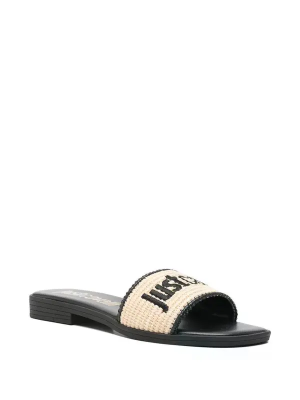 Just Cavalli Logo Embroidered Raffia-effect Sandals - Neutrals
