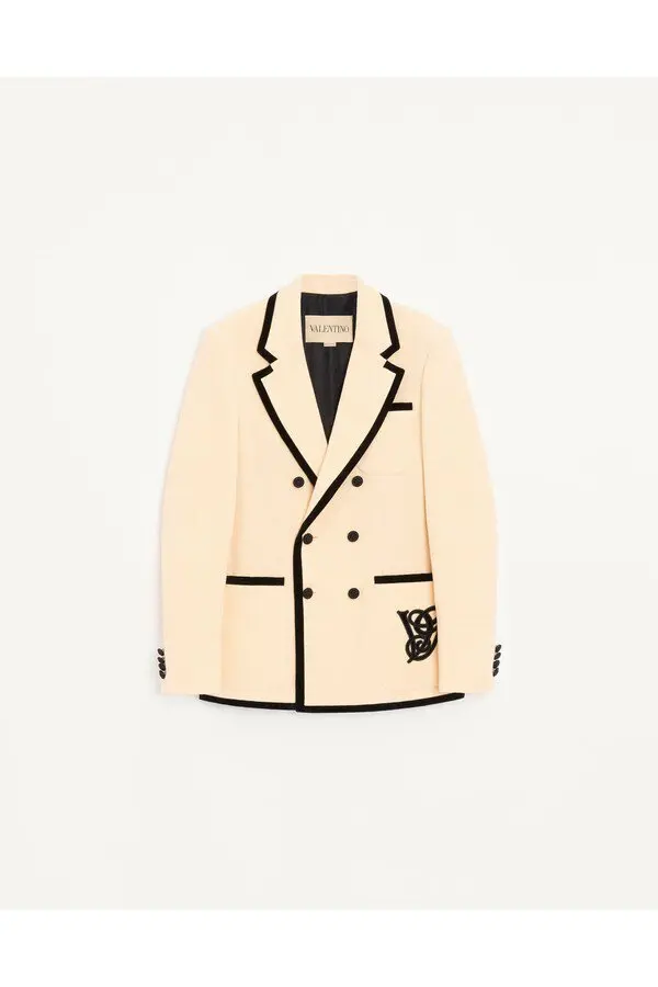 Valentino Garavani Double-breasted Jacket In Washed Cotton And Linen Velvet - White