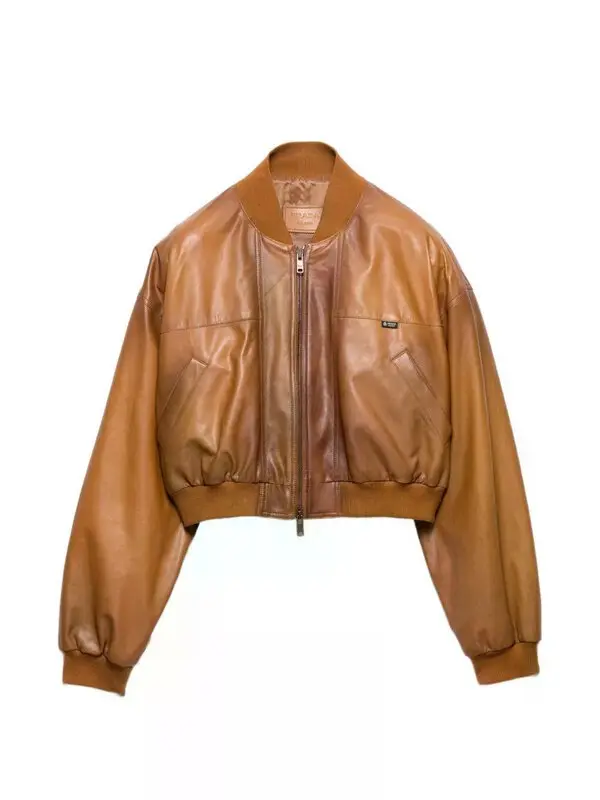 Prada Cropped Nappa Leather Jacket With Ribbed Trim - Brown