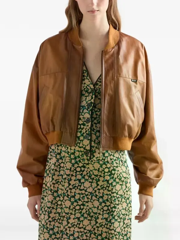 Prada Cropped Nappa Leather Jacket With Ribbed Trim
