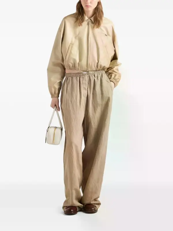 Prada Cotton And Linen Pants With Logo Detail