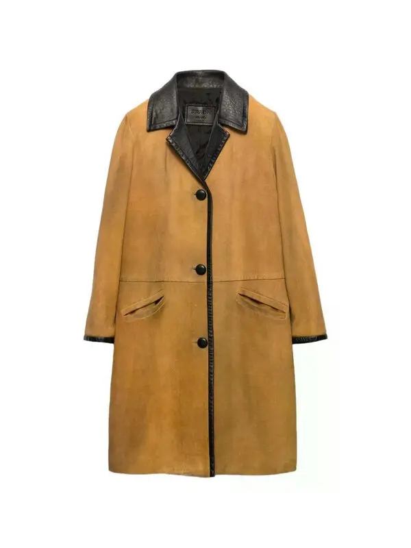 Prada Suede Single-breasted Coat With Contrasting Leather Trim - Brown