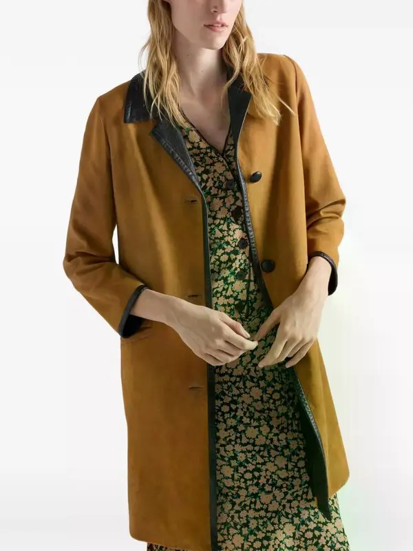 Prada Suede Single-breasted Coat With Contrasting Leather Trim