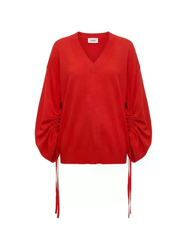 NUDE Ruched Drawstring V-neck Cotton Sweater