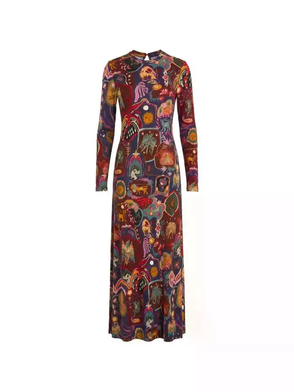 Farm Rio Graphic Print High Neck Long Sleeve Dress - Purple