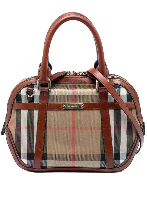 Burberry Leather Trimmed House Check Canvas Bridle Orchard Satchel - Brown