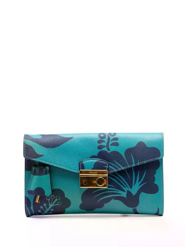 Prada Saffiano Hibiscus Print Sound Lock Clutch Bag - Blue