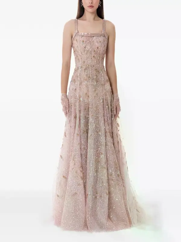 DINA MELWANI Hand-embroidered Stardust Tulle Maxi Gown - Pink