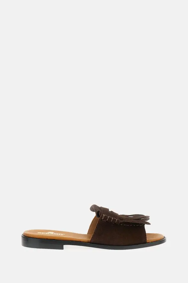 SEBAGO Suede Leather Fringed Slide Sandals - Brown