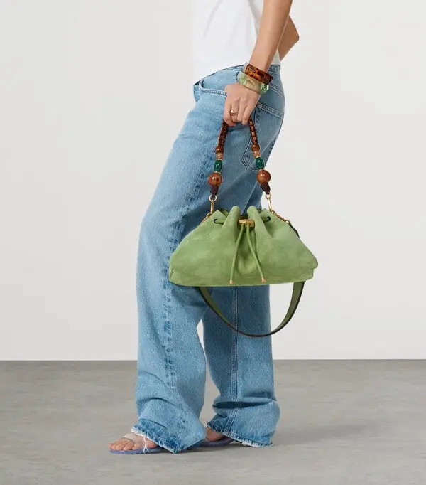 JIMMY CHOO Medium Suede Beaded Bucket Bag - Green