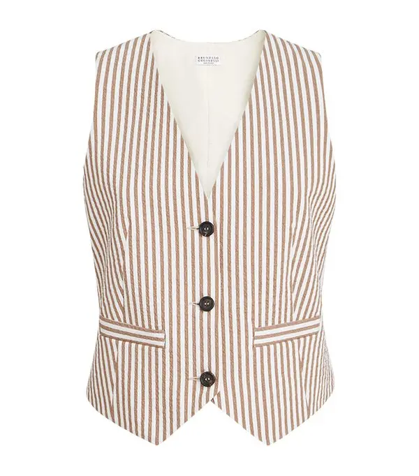 Brunello Cucinelli Techno Cotton Seersucker Stripe Vest - Beige