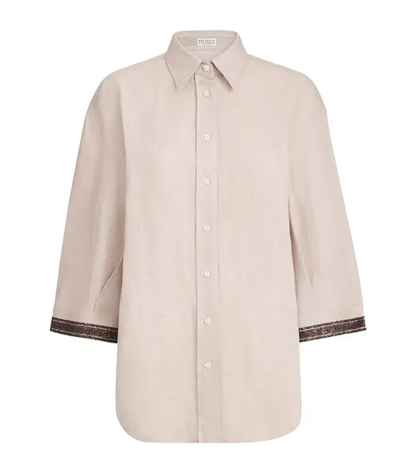 Brunello Cucinelli Linen Shirt With Embellished Cuffs - Beige