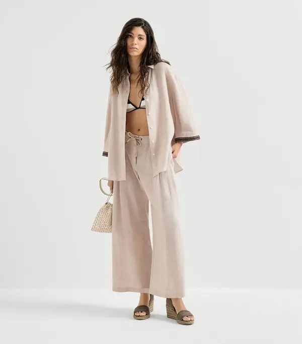 Brunello Cucinelli Linen Shirt With Embellished Cuffs - Beige