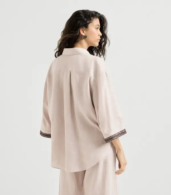 Brunello Cucinelli Linen Shirt With Embellished Cuffs - Beige